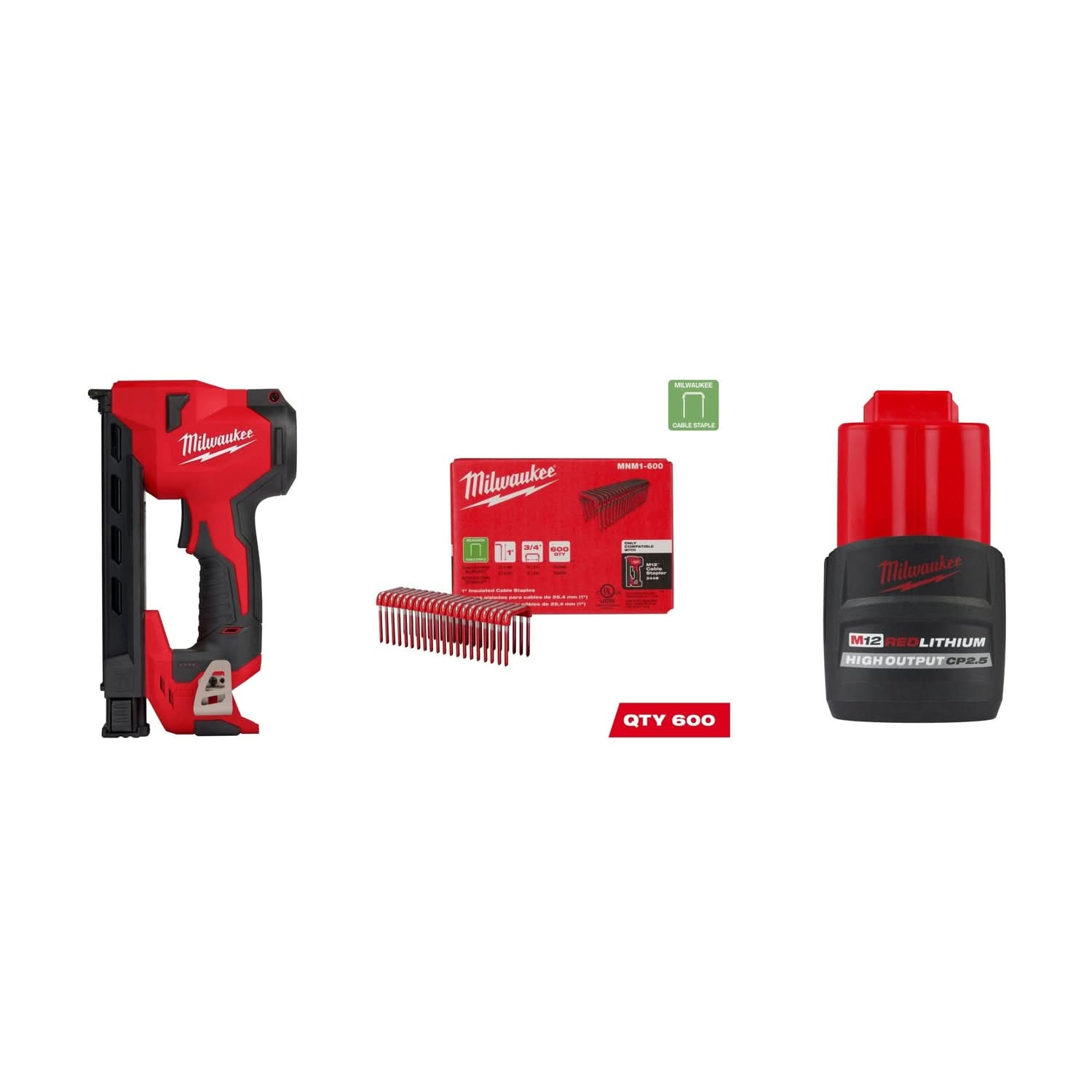 Milwaukee M12 Cable Stapler with 1" Insulated Cable Staples and M12 Ba ...