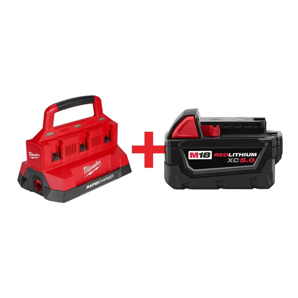 Milwaukee M18 PACKOUT 6-Bay Rapid Charger plus M18 REDLITHIUM XC 5.0Ah ...