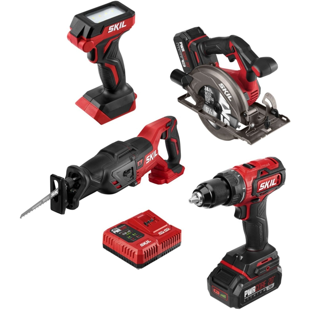 SKIL CB7488B-20 PWRCORE 20 Brushless 20V 4-Tool Combo Kit with PWR JUM ...