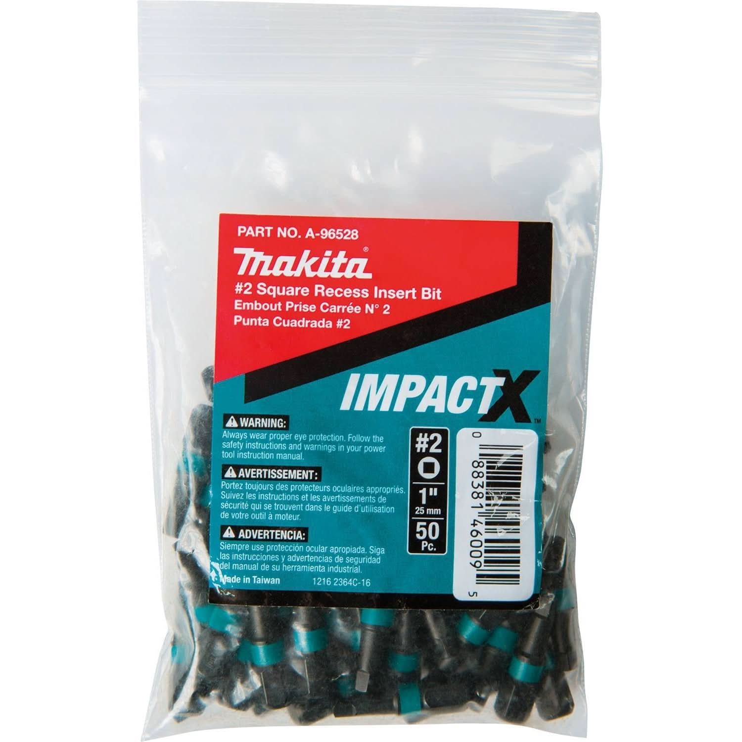 Makita A-96528 ImpactX #2 Square Recess 1" Insert Bit, 50/pk, Bulk ...