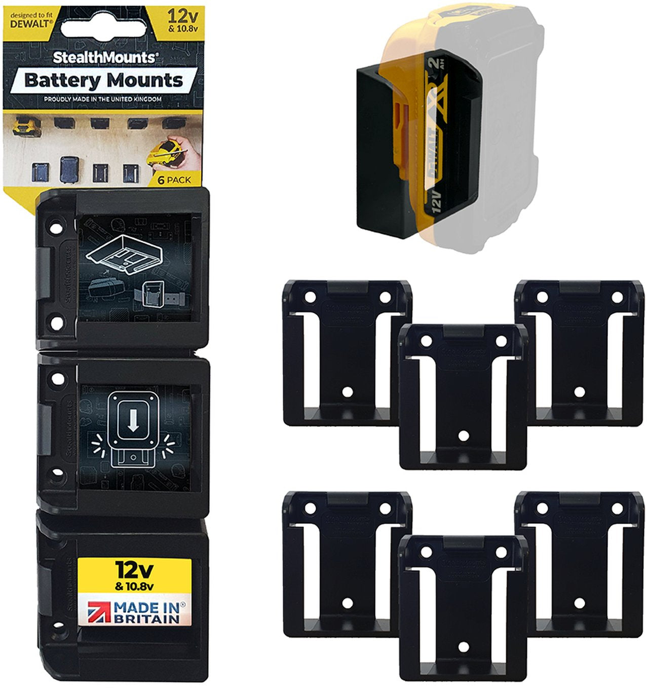 StealthMounts Battery Mounts for DeWALT 10.8V / 12V Black, 6-Pack ...