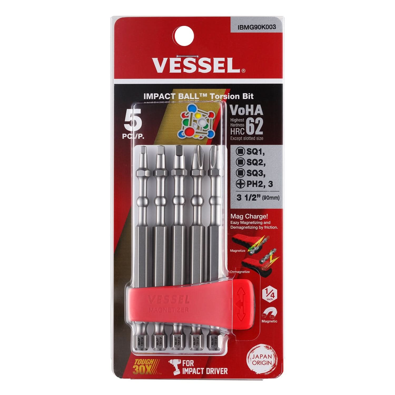 Vessel IBMG90K003 IMPACT BALL Torsion Bit with Mag Charge Holder – Tool Nut