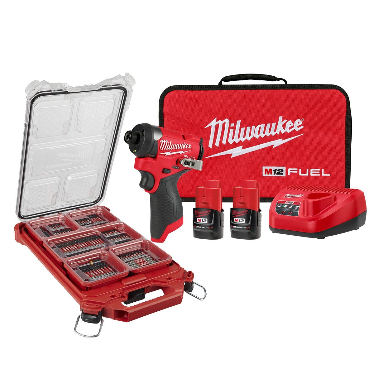 Milwaukee 3453 22 M12 FUEL Gen4 1 4 in. Hex Impact Driver Kit with PACKOUT Organizer SHOCKWAVE 100 Piece Impact Bit Set